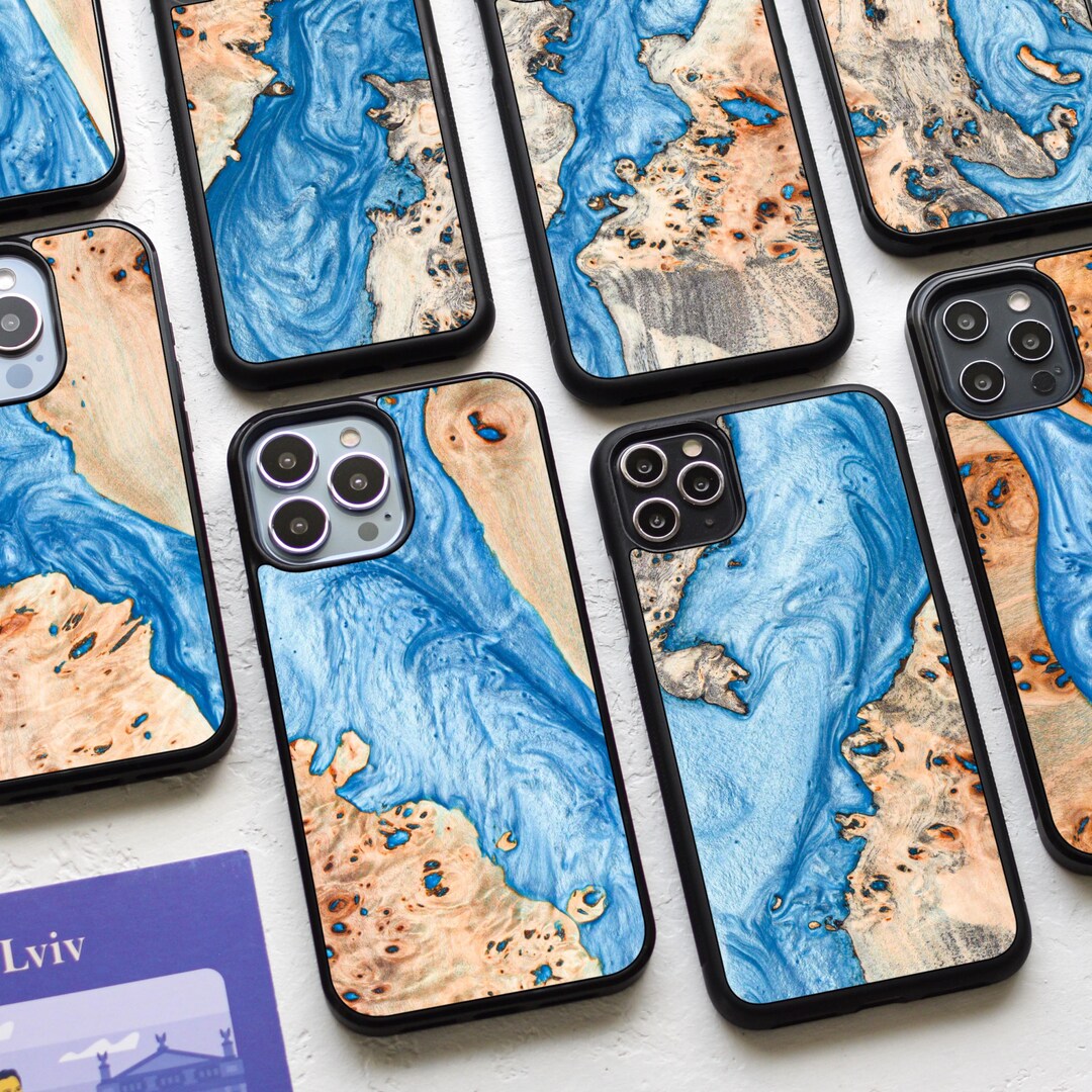 Sky Blue Resin + Real Wood | Handmade Case for iPhone 17, 16, 15, 14 ...