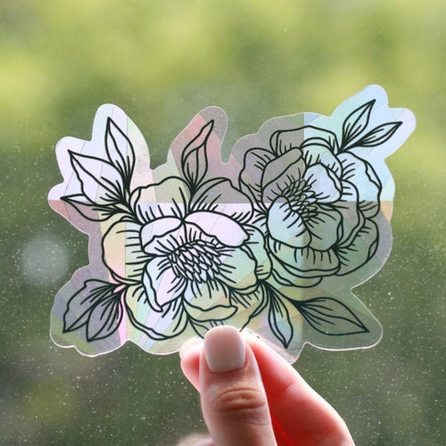 Line Drawn Peonies Sun Catcher Window Decal 5x3.75 In. - Etsy