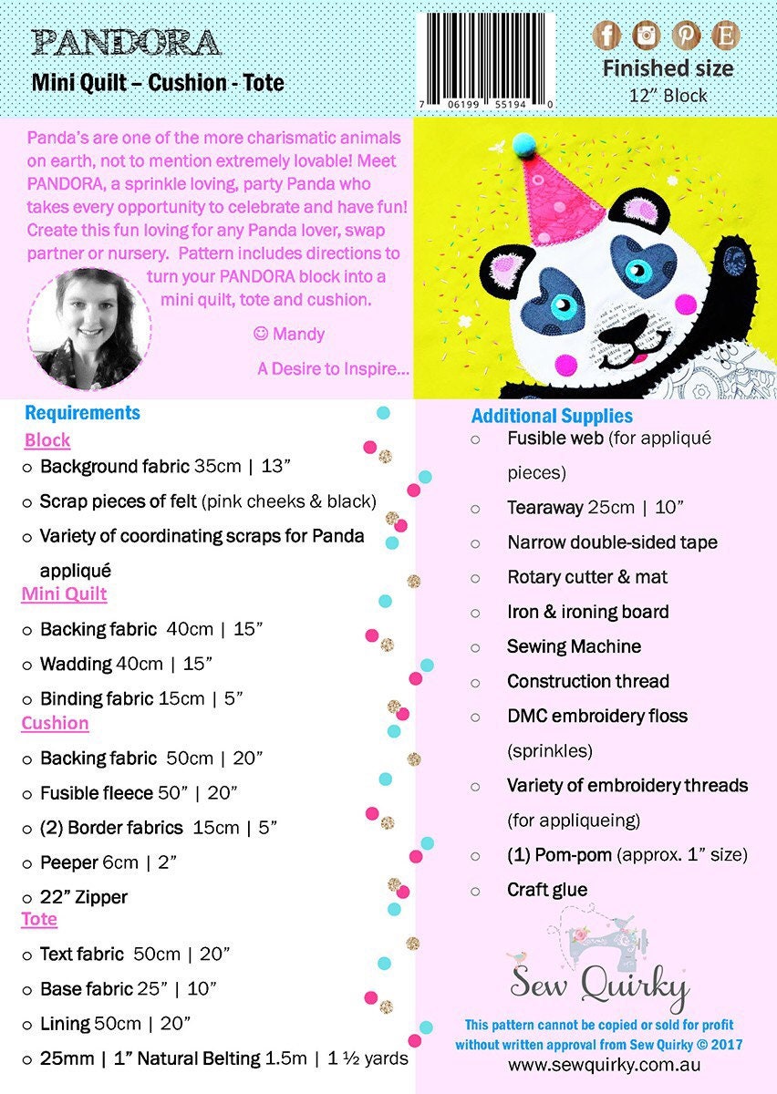 Pandora Sew Quirky Mandy Murray Appliqué Pattern Mini - Etsy