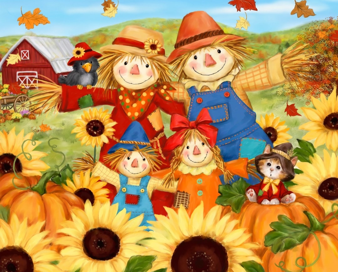 Fall Fabric Panel scarecrow Family Fabric Panel Quilt Panel Four ...