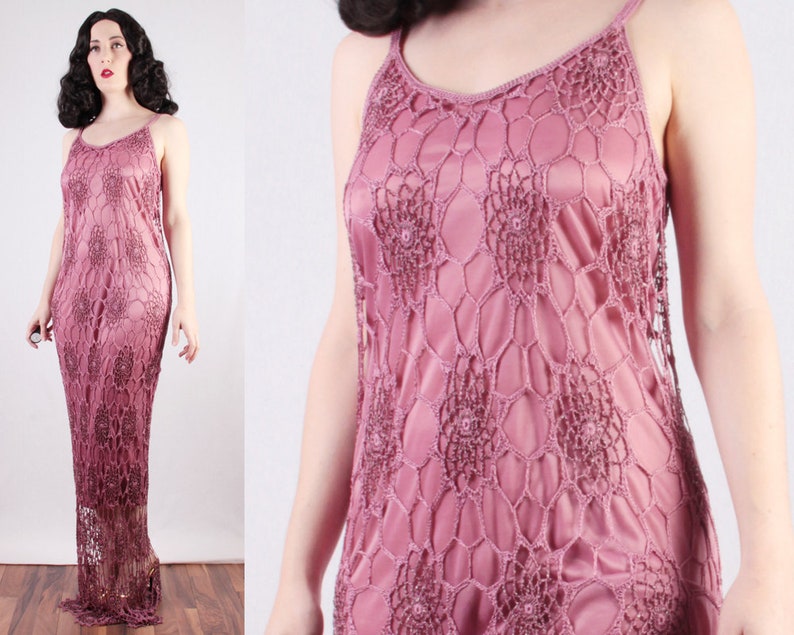 90s Pink Net Dress With Woven Beads Mauve Lining Floor Length Gown ...