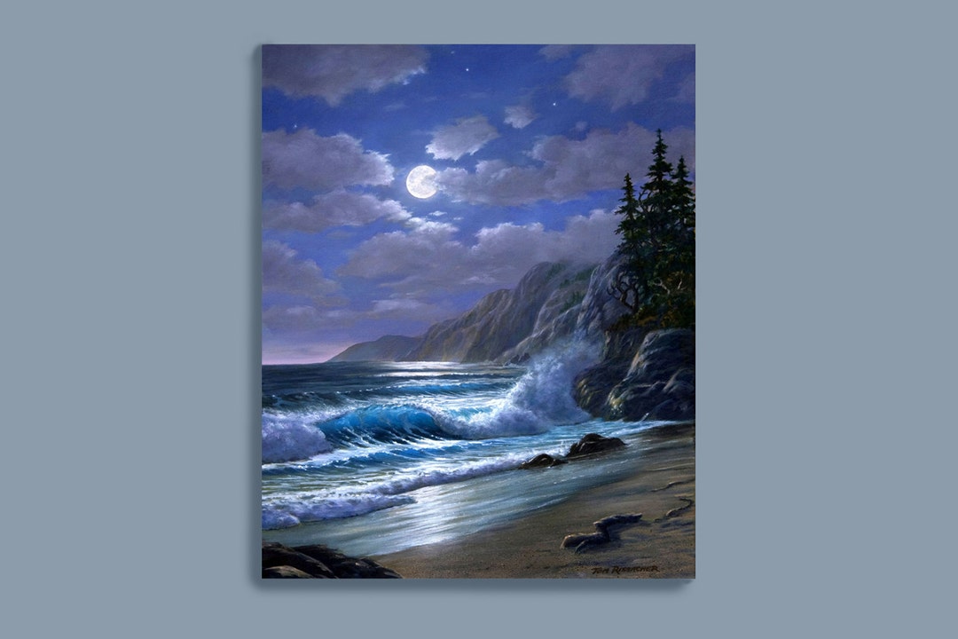 Moonlight Ocean Painting, Mendocino Coast Print, Beach Scene, Oil on ...