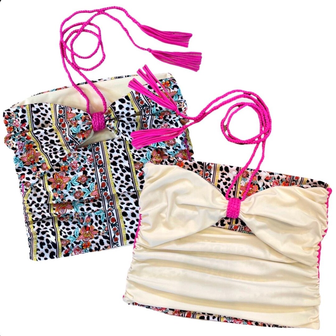 REVERSIBLE BOW TUBE Top With Tassel Neck Tie Ruched Hot Pink Cream ...