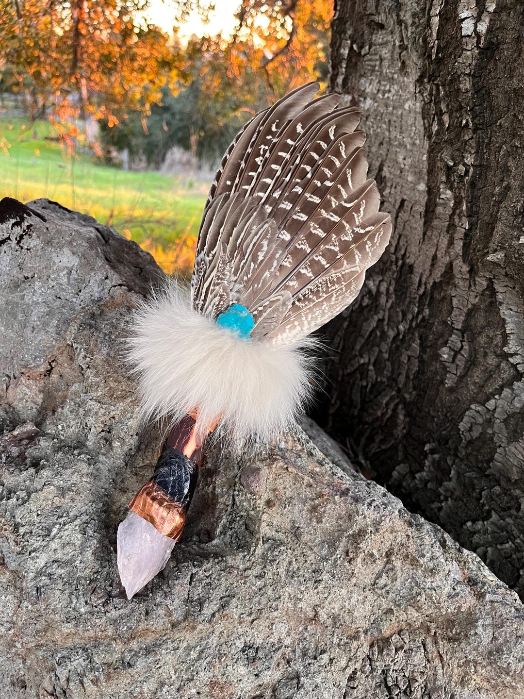 Rose Quartz Feather Staff, Shaman Wand With Snake Skin & Turquoise - Etsy
