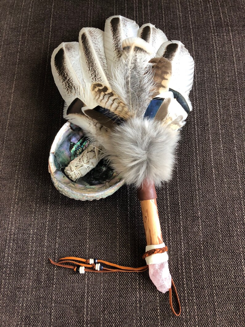 Custom Shaman Fan Smudging Feather Spirit Staff Wand | Etsy