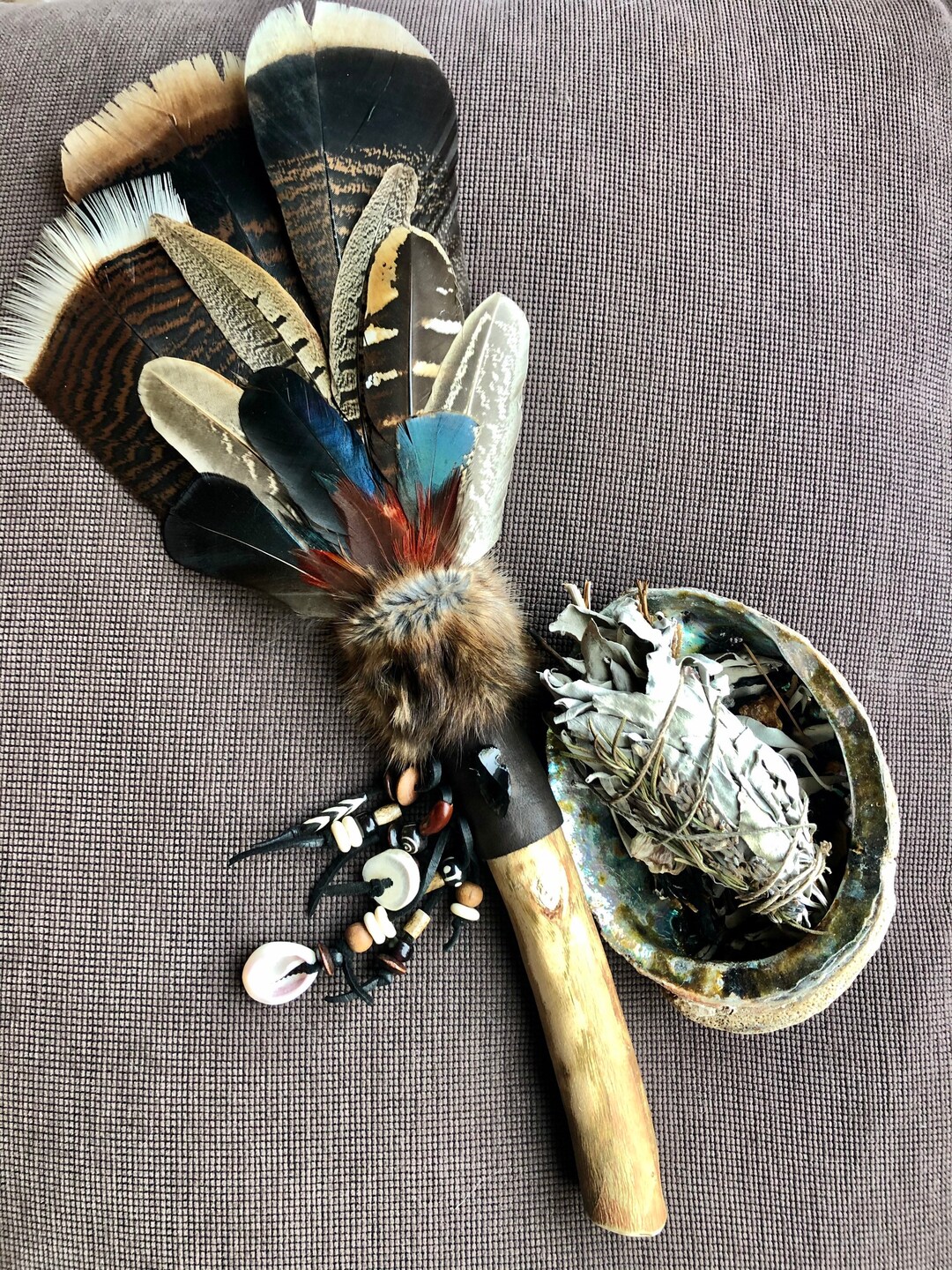 Shaman Medicine Smudge Feather Fan With Rattle, Turkey and Pheasant ...