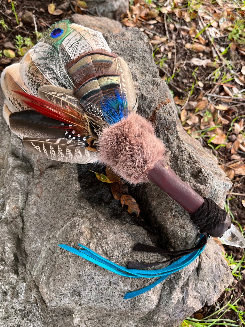 Feather Smudge Fan, Shamanic Staff, Pagan Crystal Wand, Ceremonial ...