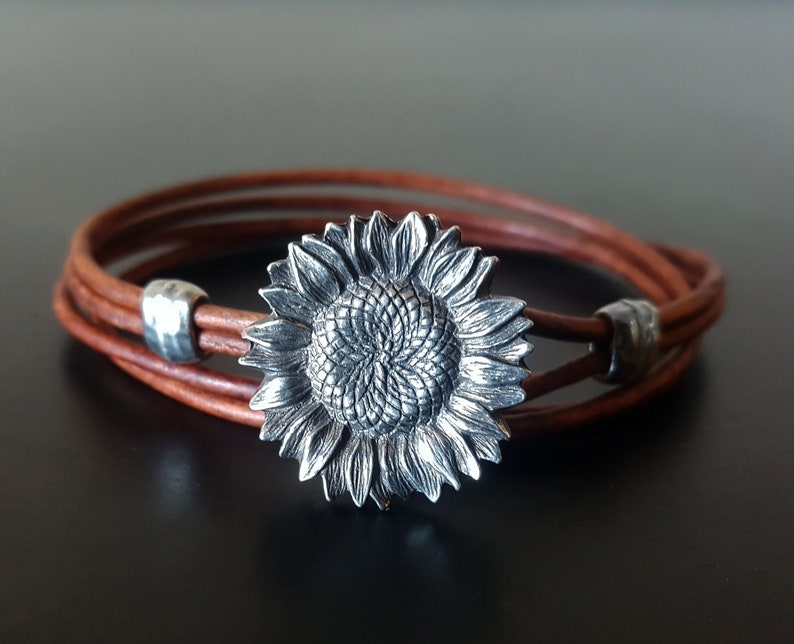 Womens Leather Bracelet Sunflower Flower Leather Bracelet - Etsy