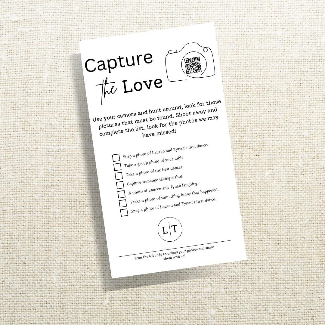 Capture the Love Photo Scavenger Hunt Wedding Game Card / Wedding ...