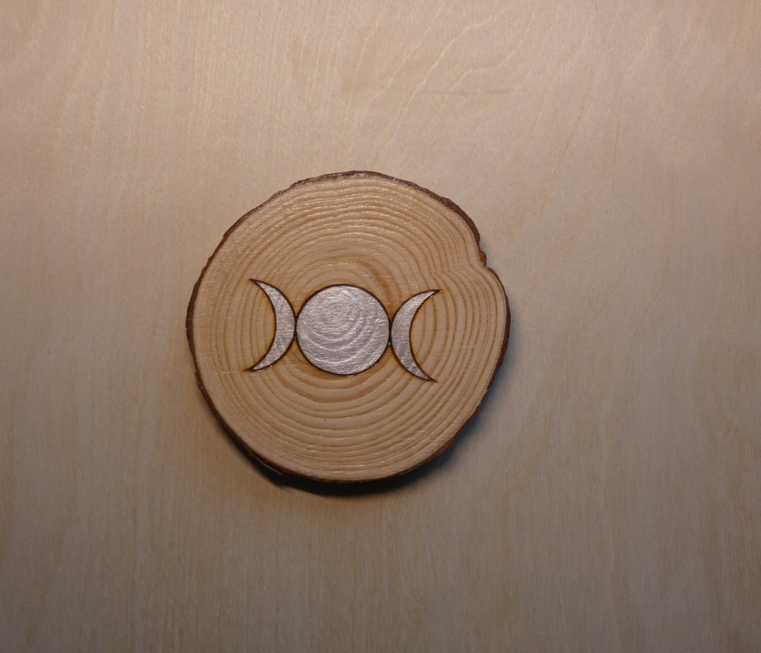 Wood Altar Tile With Silver Triple Moon, Pine Wood Slice With Bark ...