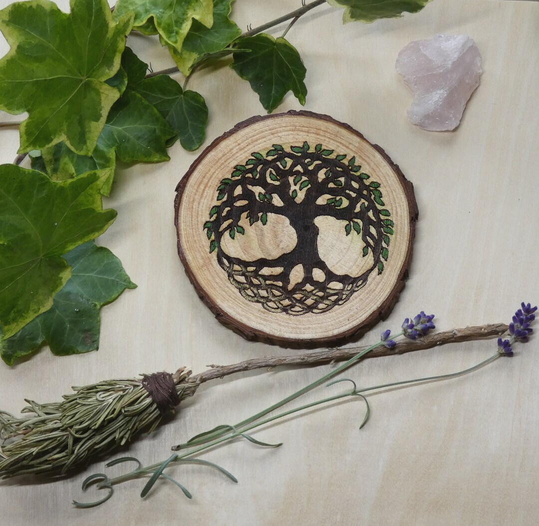 Tree of Life Altar Tile Pine Wood Slice With Bark, Celtic Pagan Altar ...
