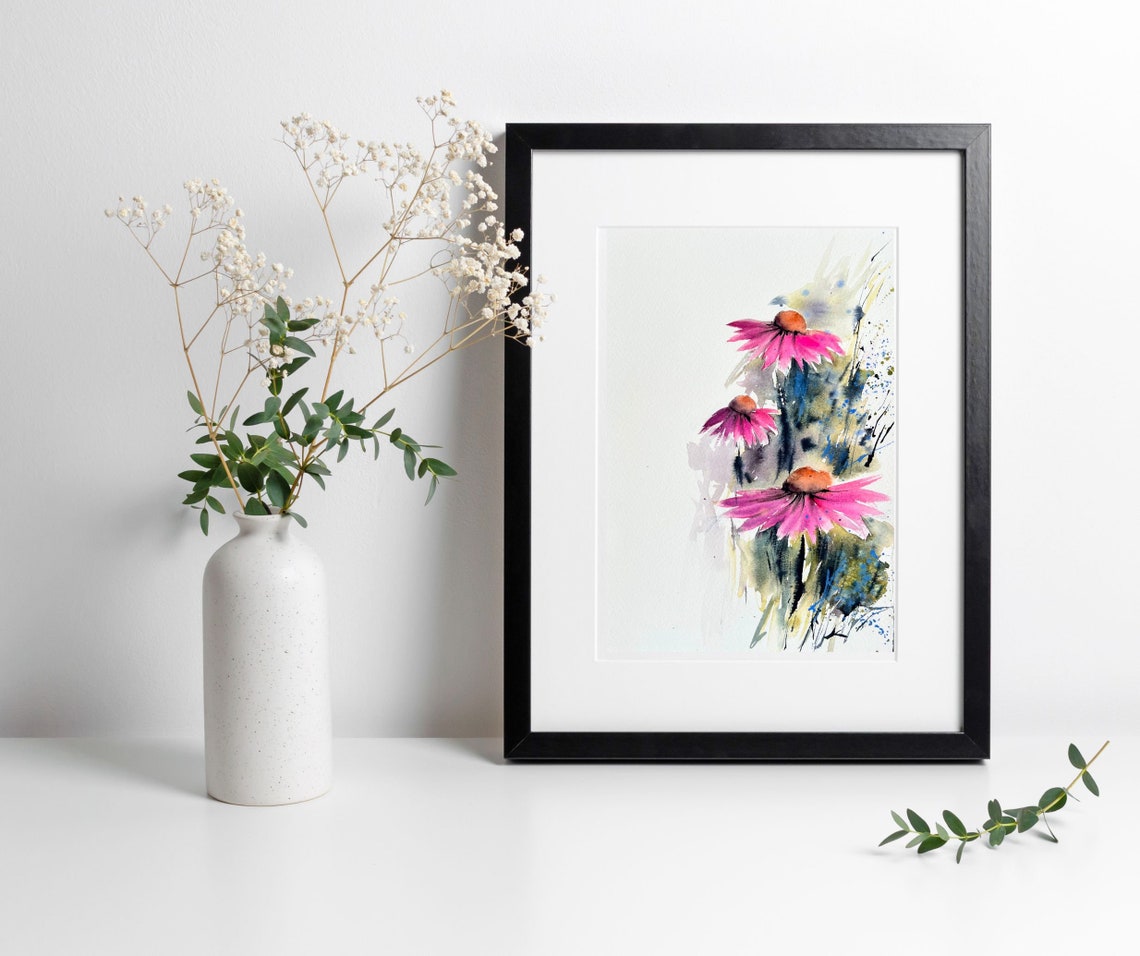 Coneflower Painting Daisy Original Art Meadow Watercolor Wildflower, Wall Art - Etsy