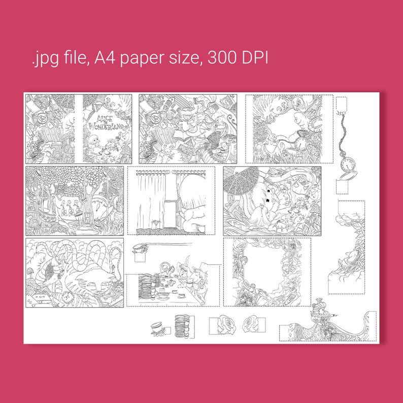 Alice in Wonderland Coloring Miniature, Paper Craft Kit, Printable ...