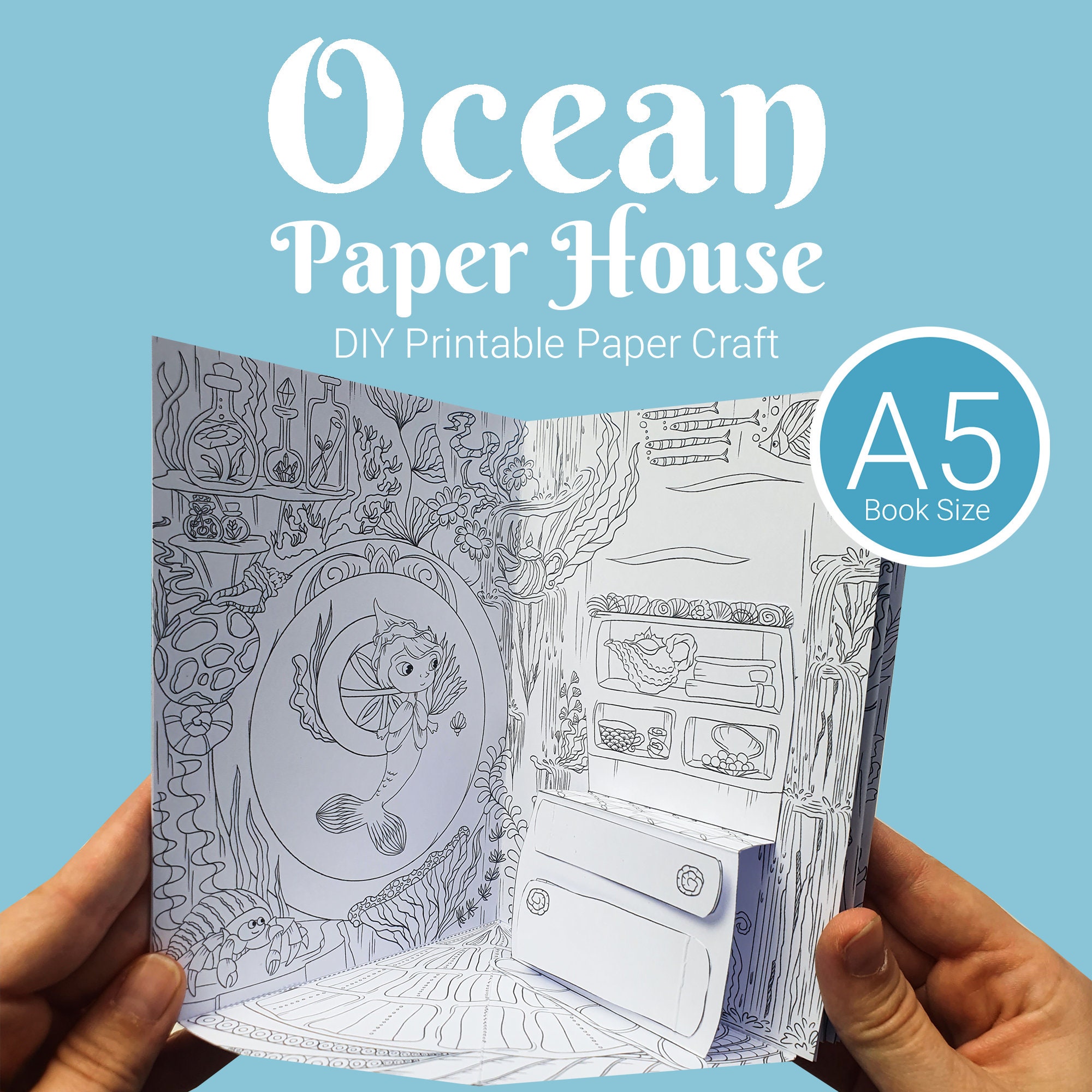 3D Ocean Coloring House, Printable Paper Crafting Kit for Adults and ...