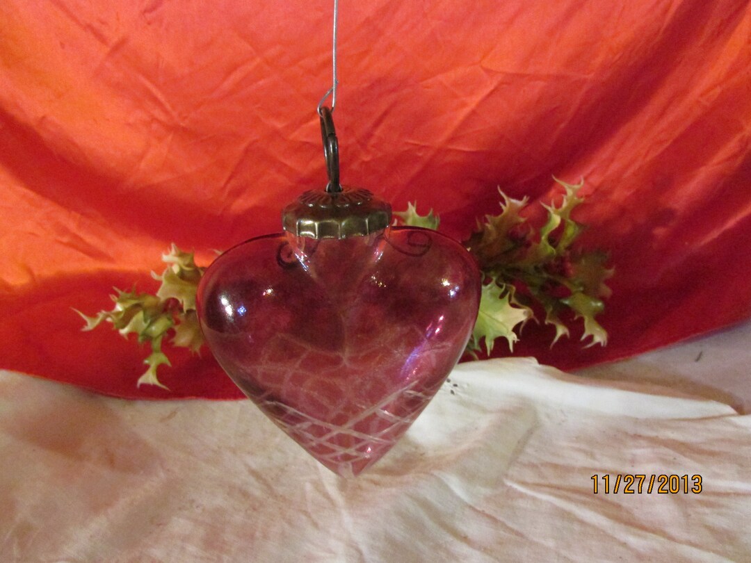 Purple Iridescent Glass Heart Shapped Cut Glass Christmas Ornament 5 ...