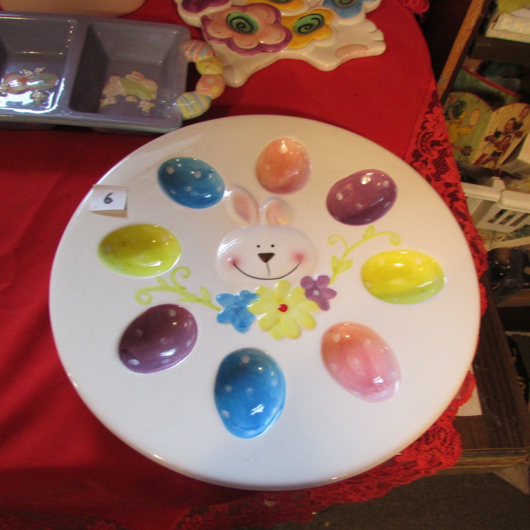 Vintage Ceramic Easter Egg Plate 8 Egg Holder Bunnies Flowers Platter ...