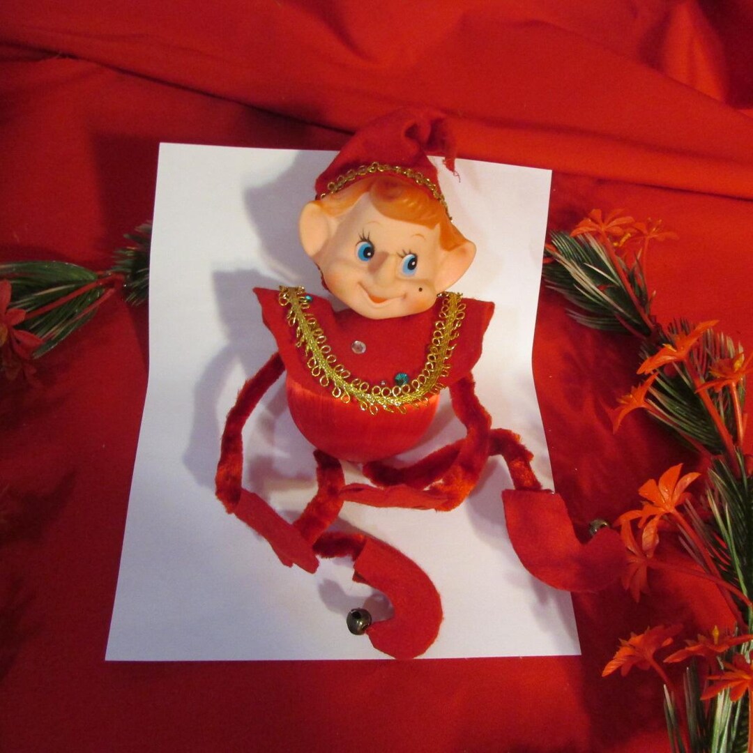 Vintage Christmas Pixie Elf Satin Ball Plastic Face Elf Bells on Feet ...
