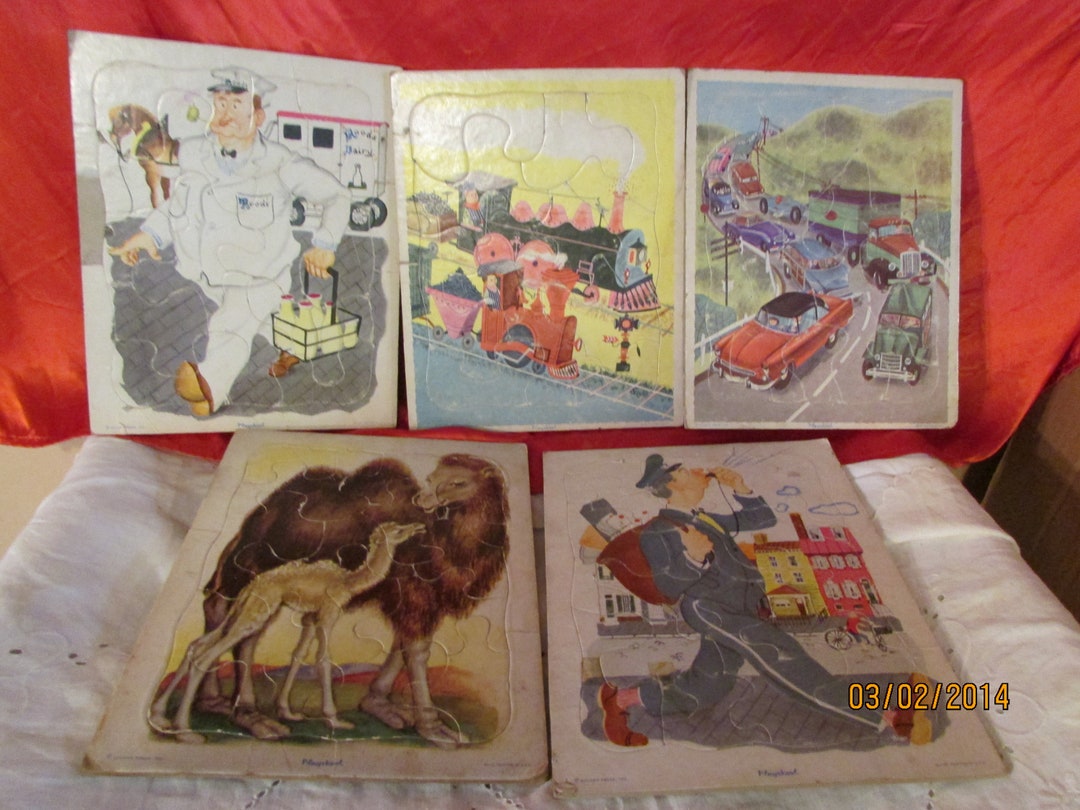 5 Vintage Cardboard Playskool Puzzels Train Milkman Traffic Mailman ...