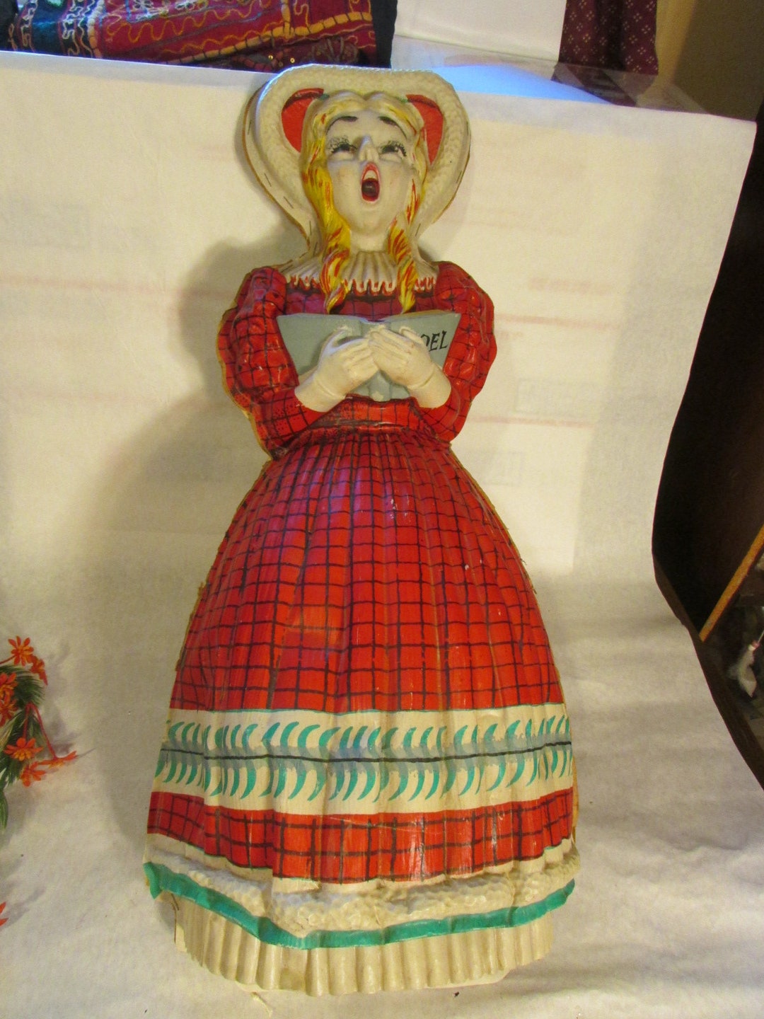 1940's Celluloid Flat Back Blow Mold Lady Caroler Flat Back Needs Cord ...