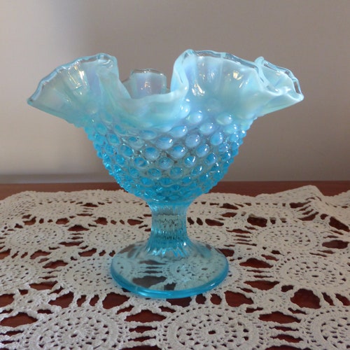 Fenton Blue Opalescent Hobnail Ruffled Bowl - Etsy