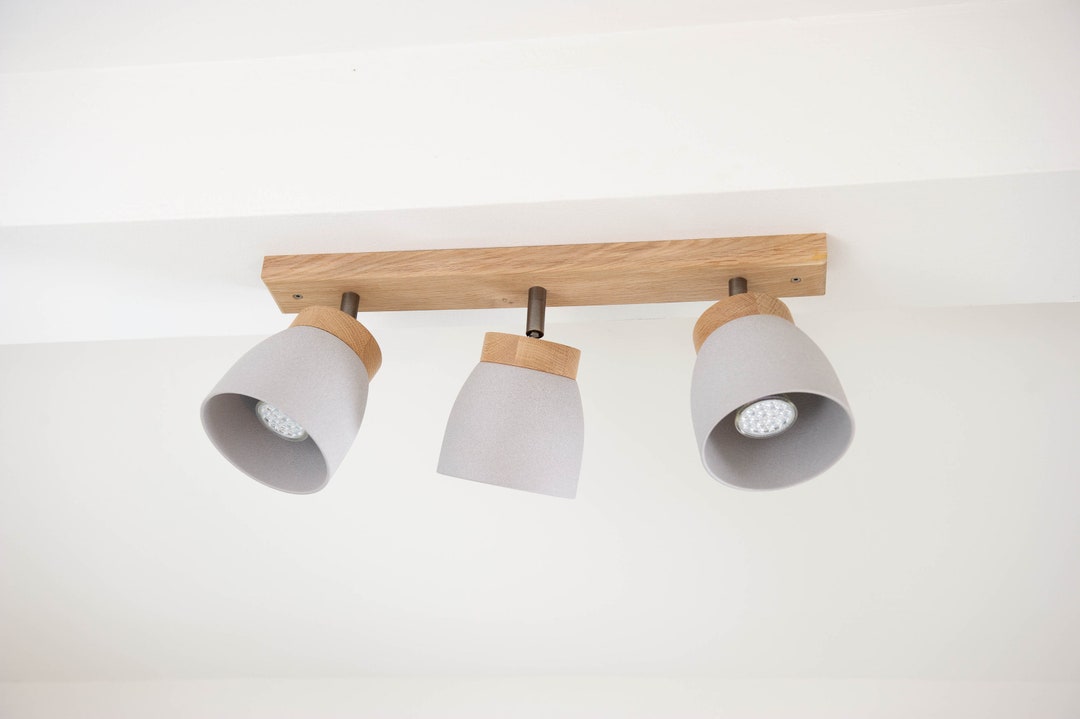 Triple Spotlight Strip Made of Solid Oak Wood With Ceramic Shade, GU 10 ...