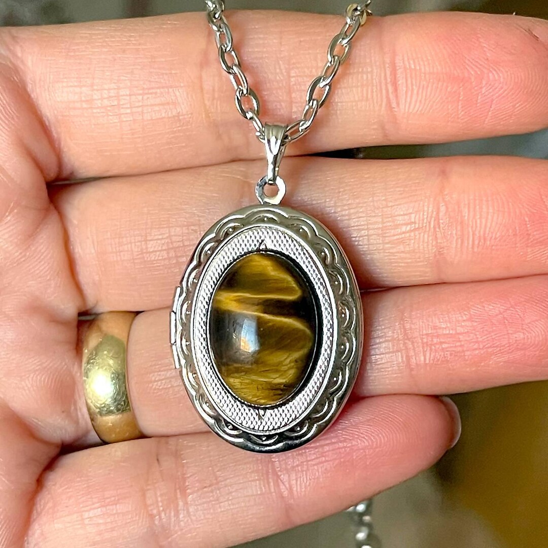Oval Tiger Eye Locket Necklace, Gemstone Necklace for Her, Pendant ...