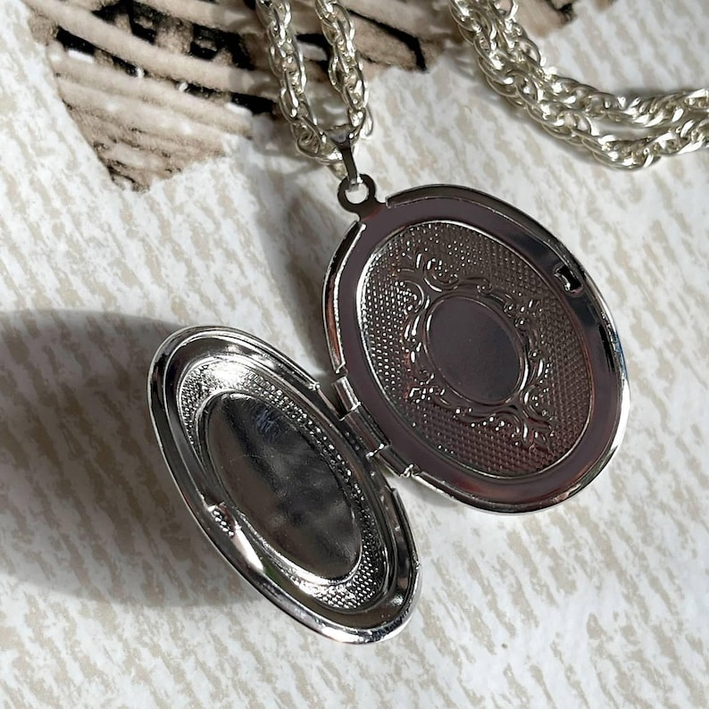 Antique Silver Photo Locket Necklace, Oval Strawberry Quartz Medallion ...