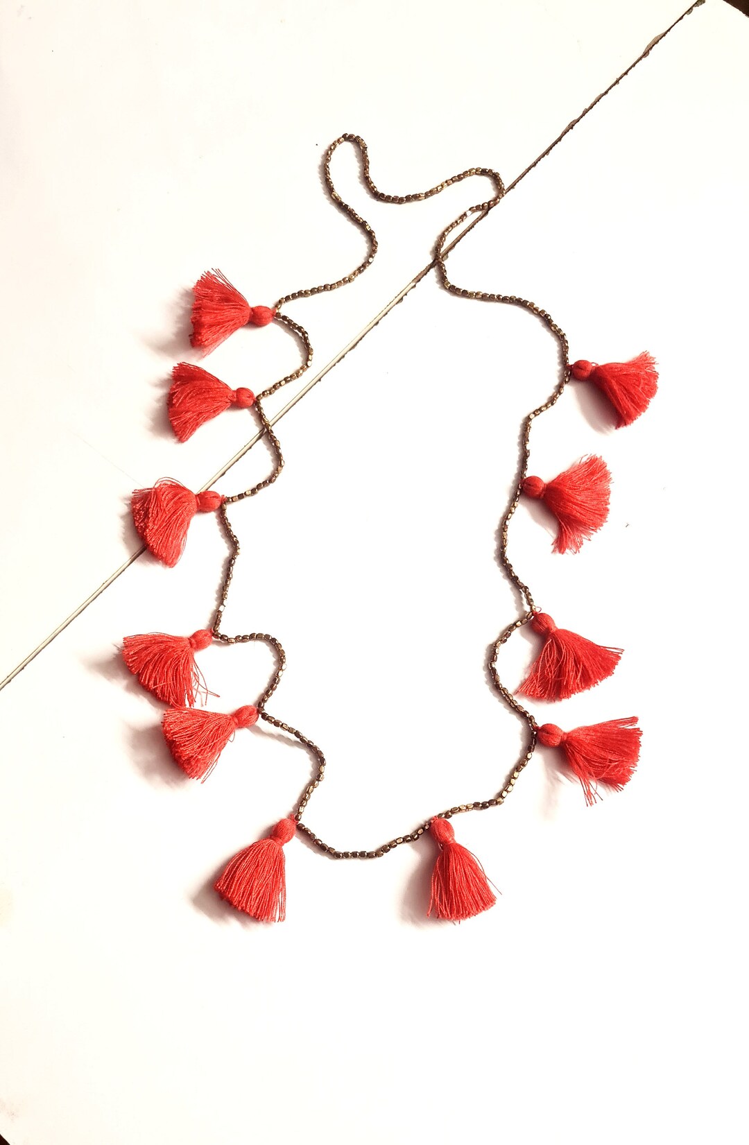 Red Tassels Necklace, Metal Antique Gold Beads and Red Tassels Long ...