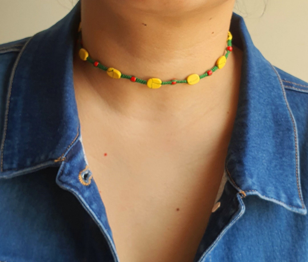 Bohemian Braided Choker Necklace Yellow Green Dainty Choker Stone Beads ...