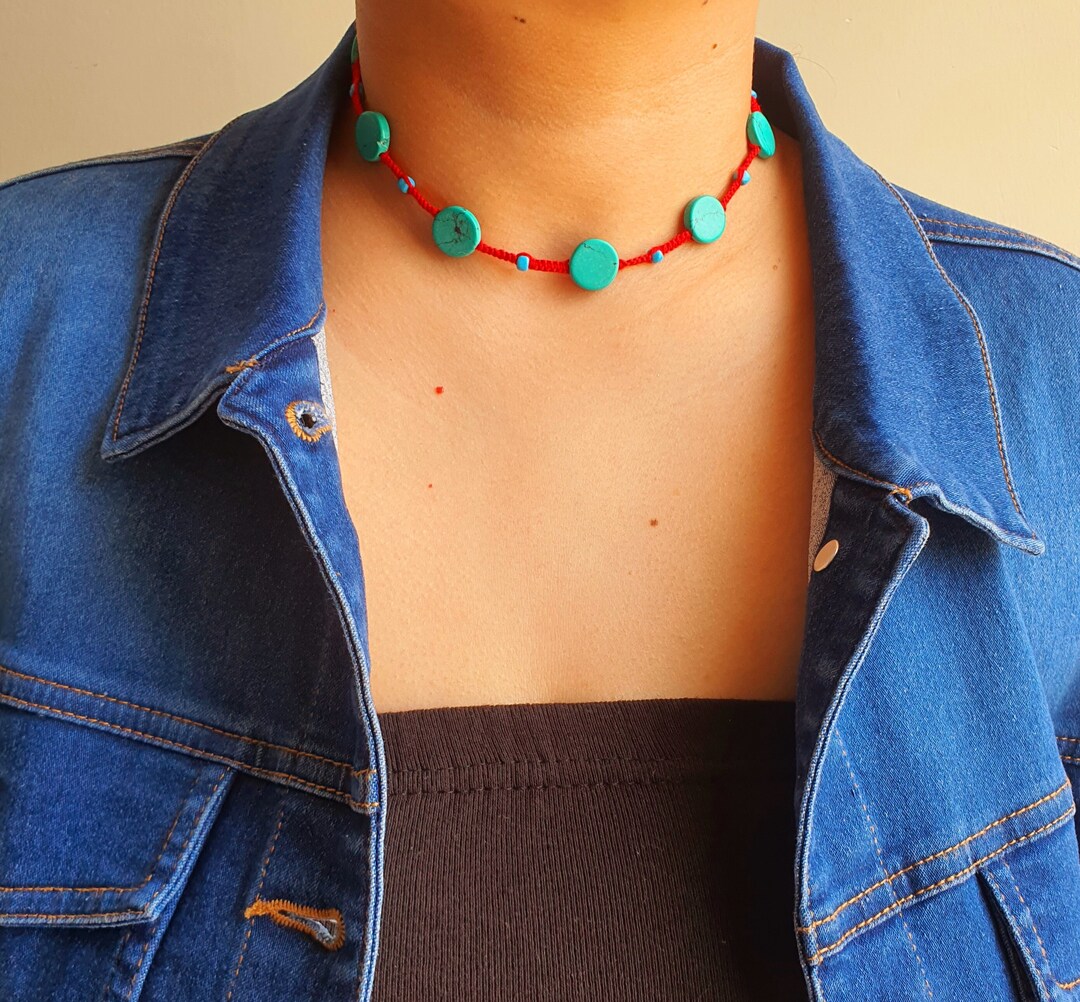 Bohemian Braided Choker Necklace Red White Turquoise Stone Beads Choker ...