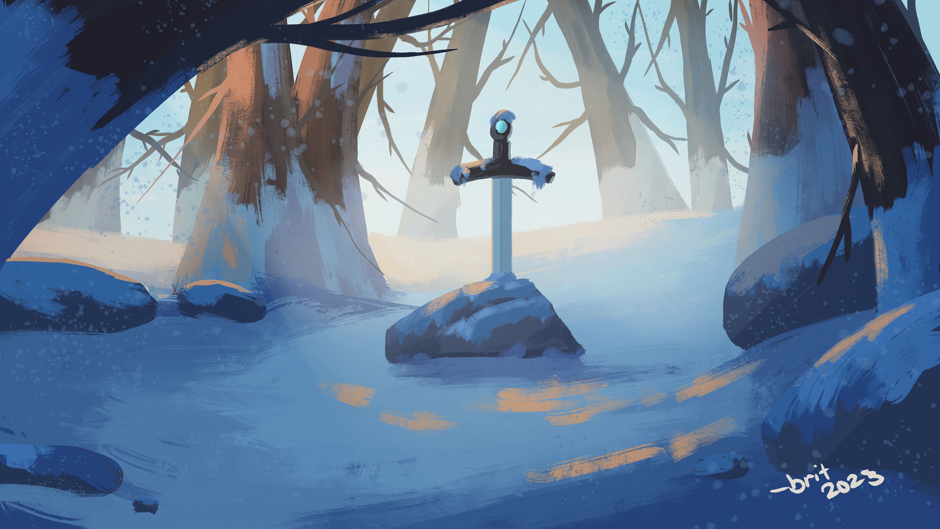 Snowy Sword in Stone Digital Desktop Wallpaper and Printable Wall Art ...