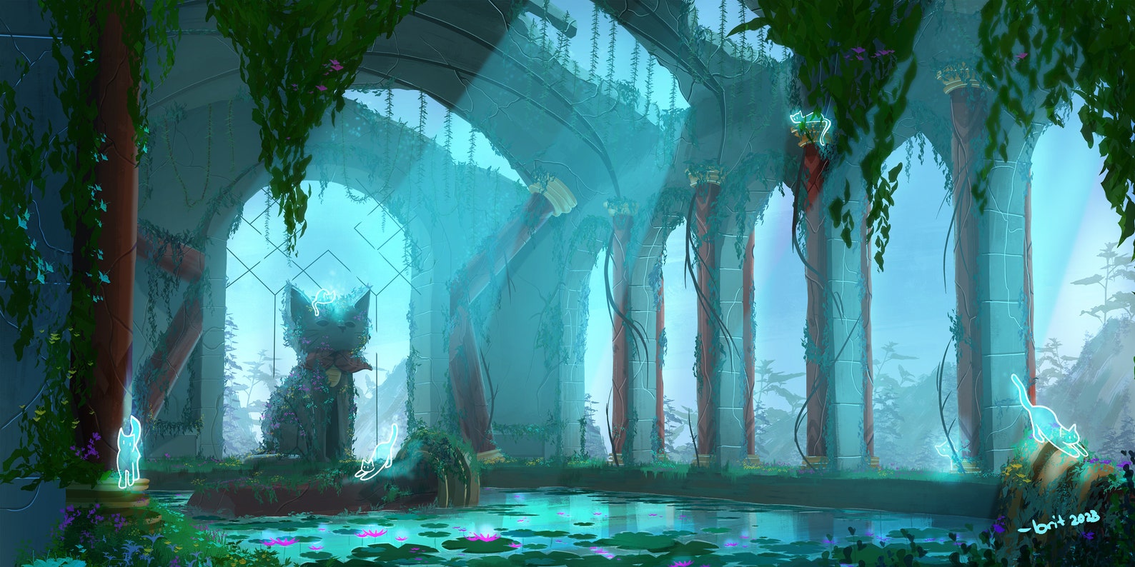 Cat Spirit Temple Original Art Print L Landscape Wall Art - Etsy