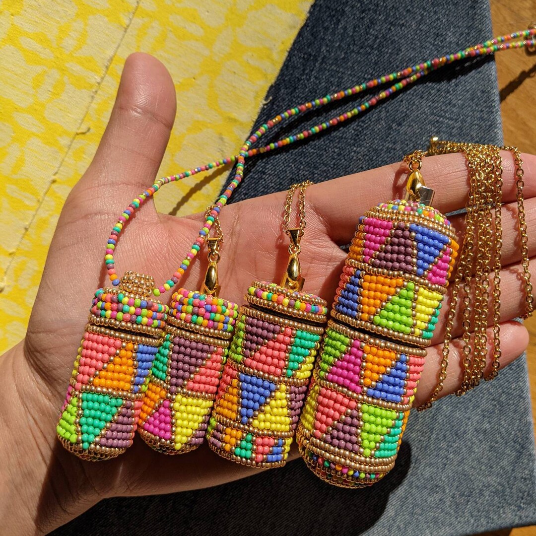 Beaded Portable Pill Holder Necklace. Stash Locket Pendant With Tassel ...
