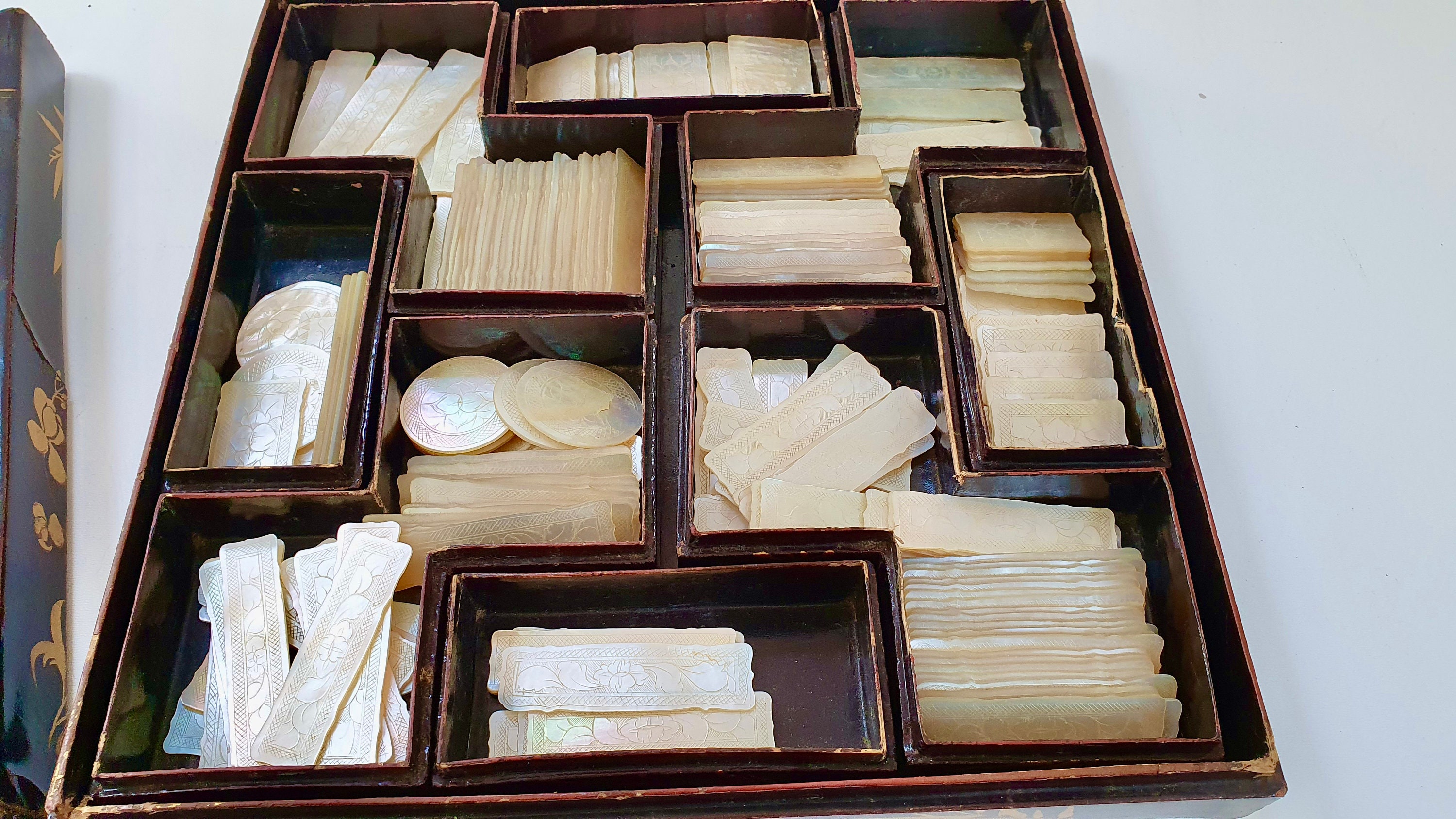 A Lacquer Games Box Qing Dynasty, 210 Mother of Pearl Gaming Counters ...