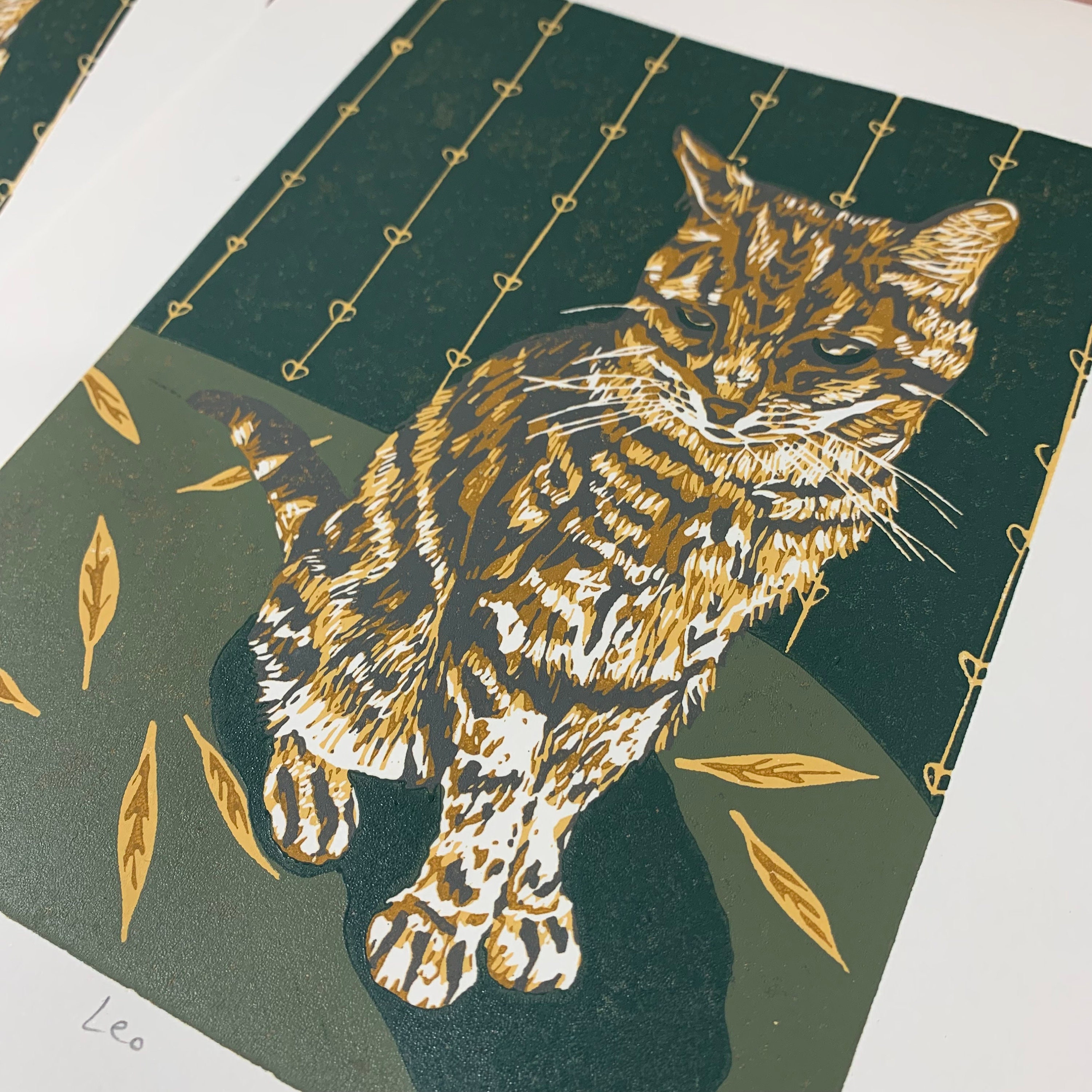 Cat Lino Print | Tabby Cat | Lino Cut. Hand Printed, Reduction Lino ...