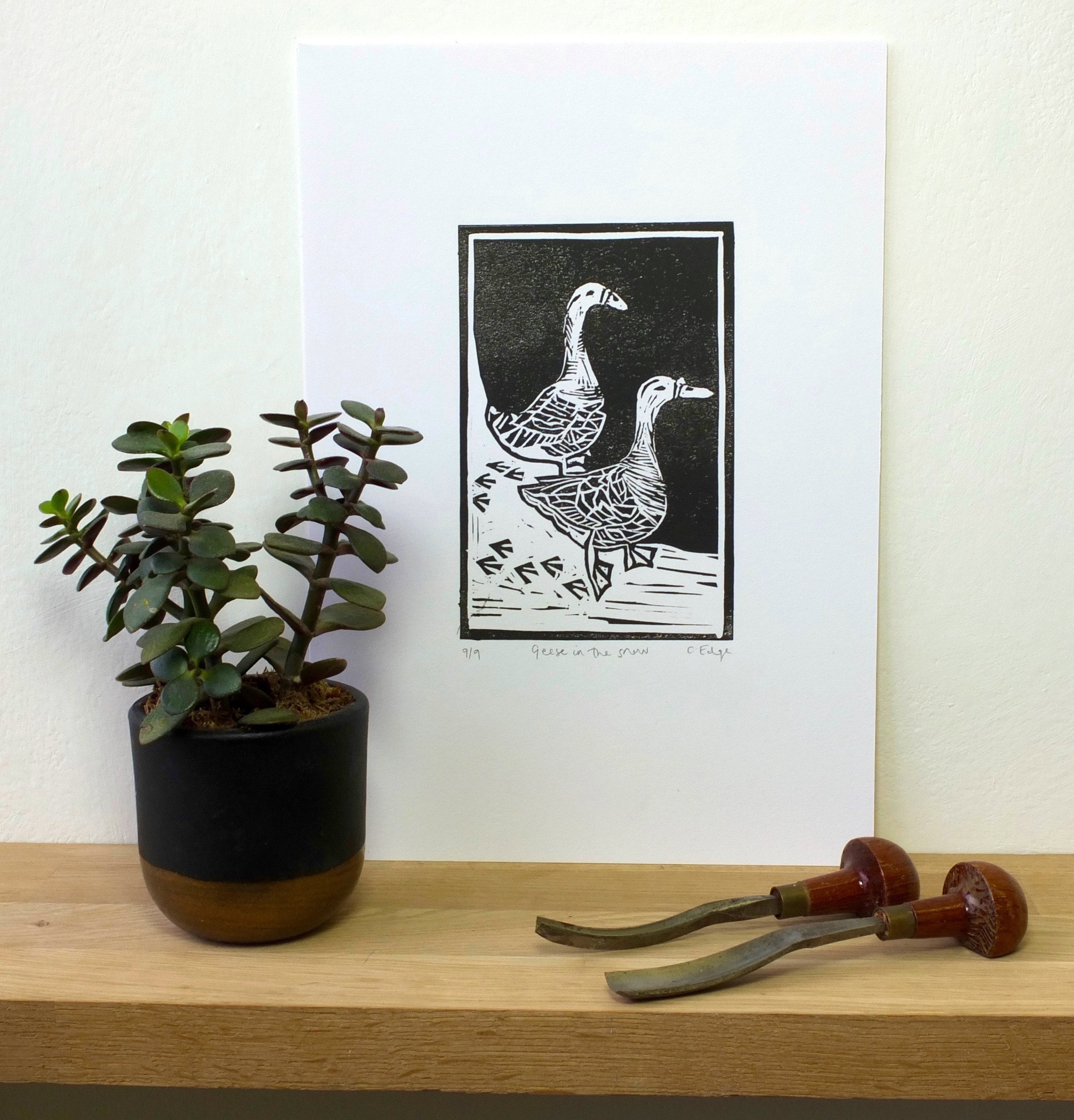 Two geese in the snow Bird Lino Cut Lino Print. Hand | Etsy