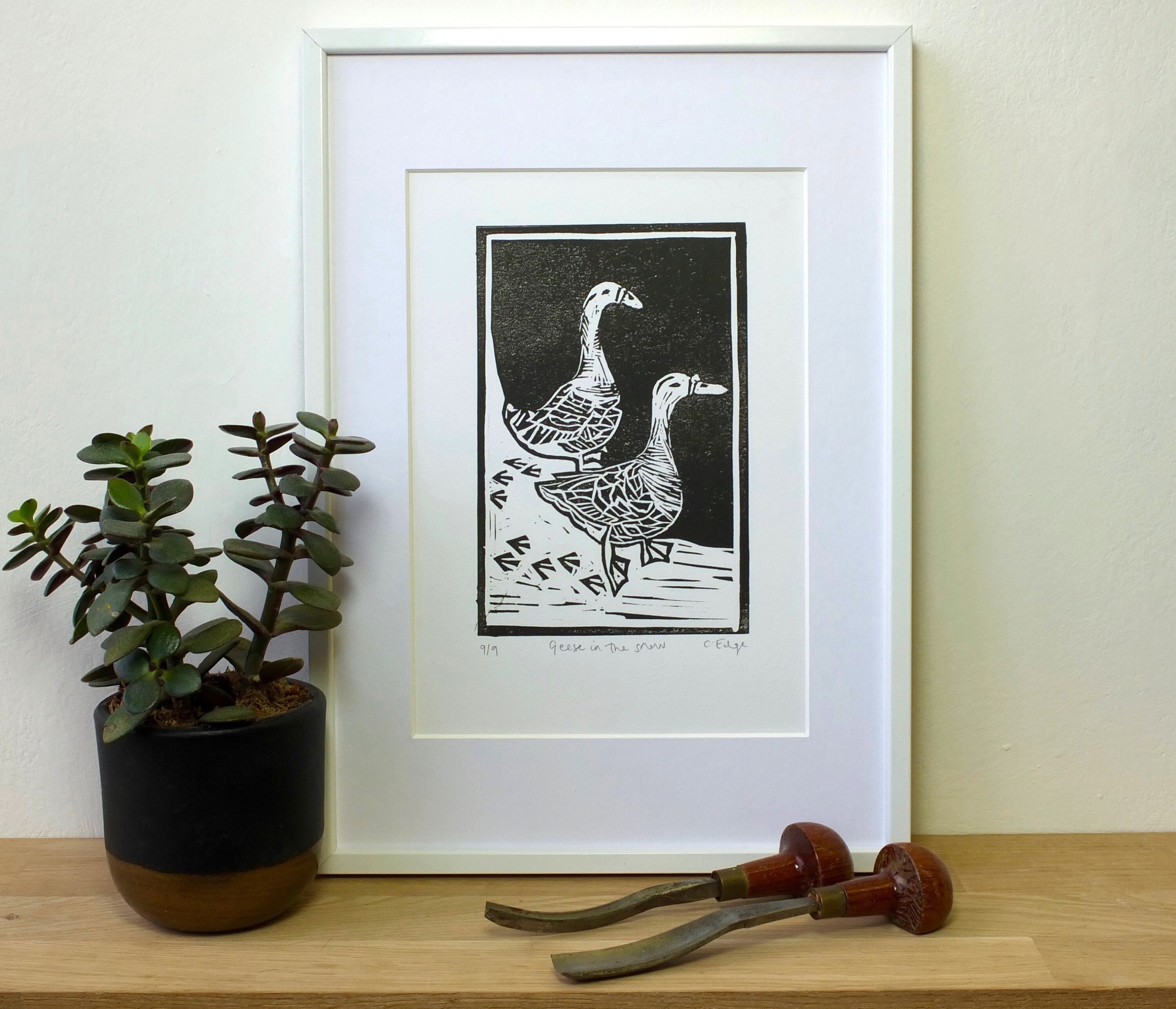 Two geese in the snow Bird Lino Cut Lino Print. Hand | Etsy