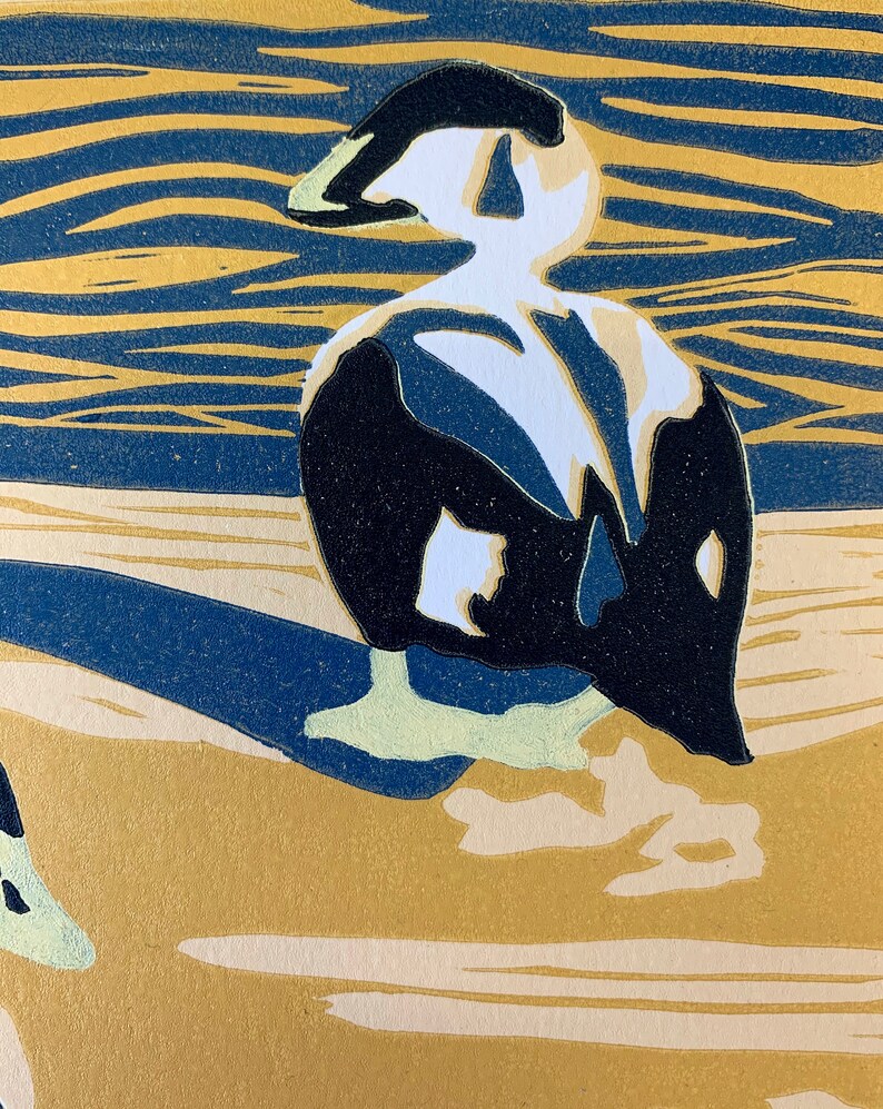 Eider Ducks on a Beach, Bird Reduction Lino Print | Lino Cut. Hand ...