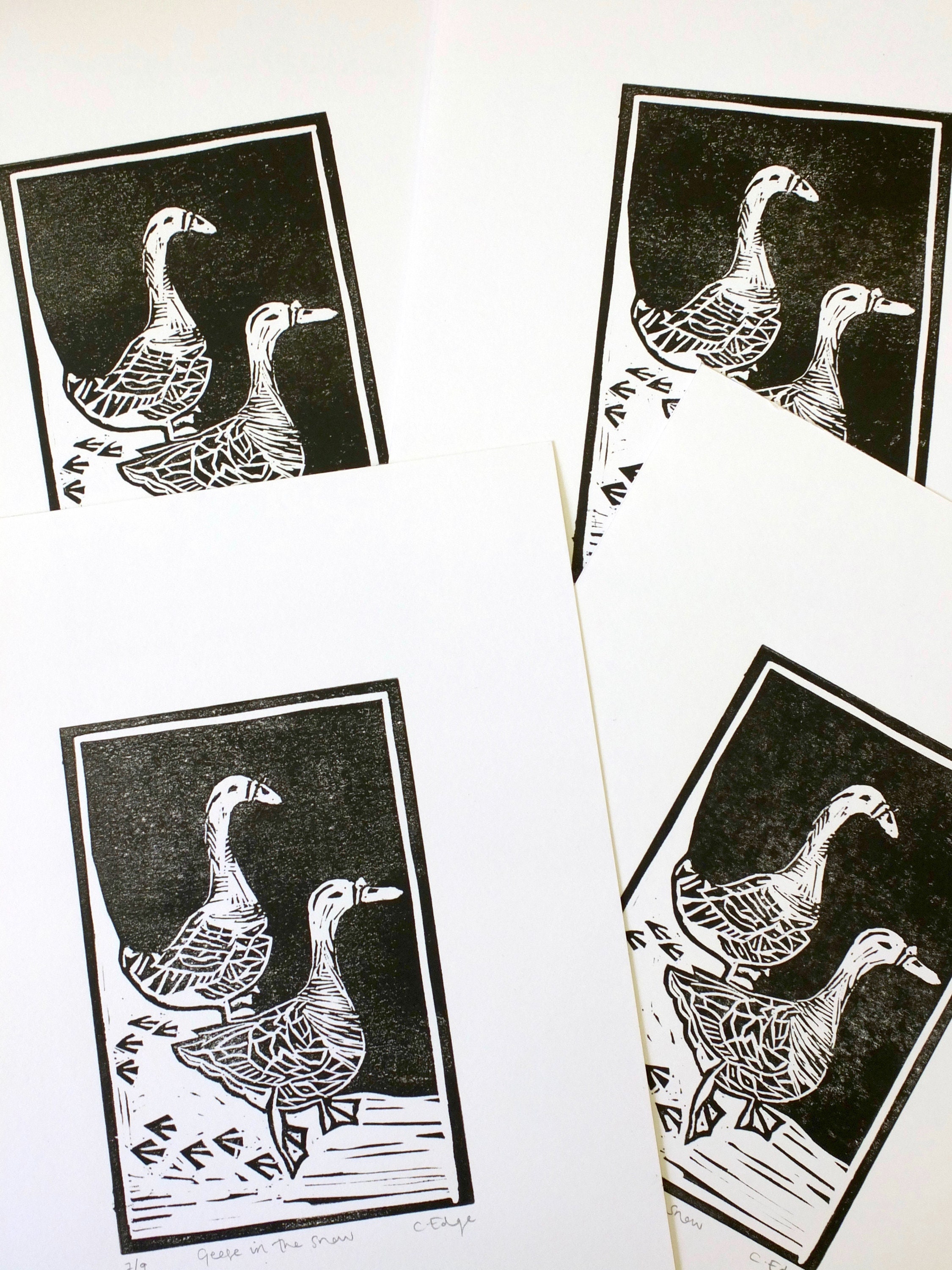 Two geese in the snow Bird Lino Cut Lino Print. Hand | Etsy
