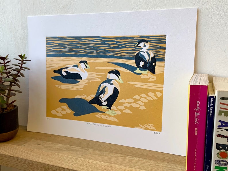 Eider Ducks on a Beach, Bird Reduction Lino Print | Lino Cut. Hand ...