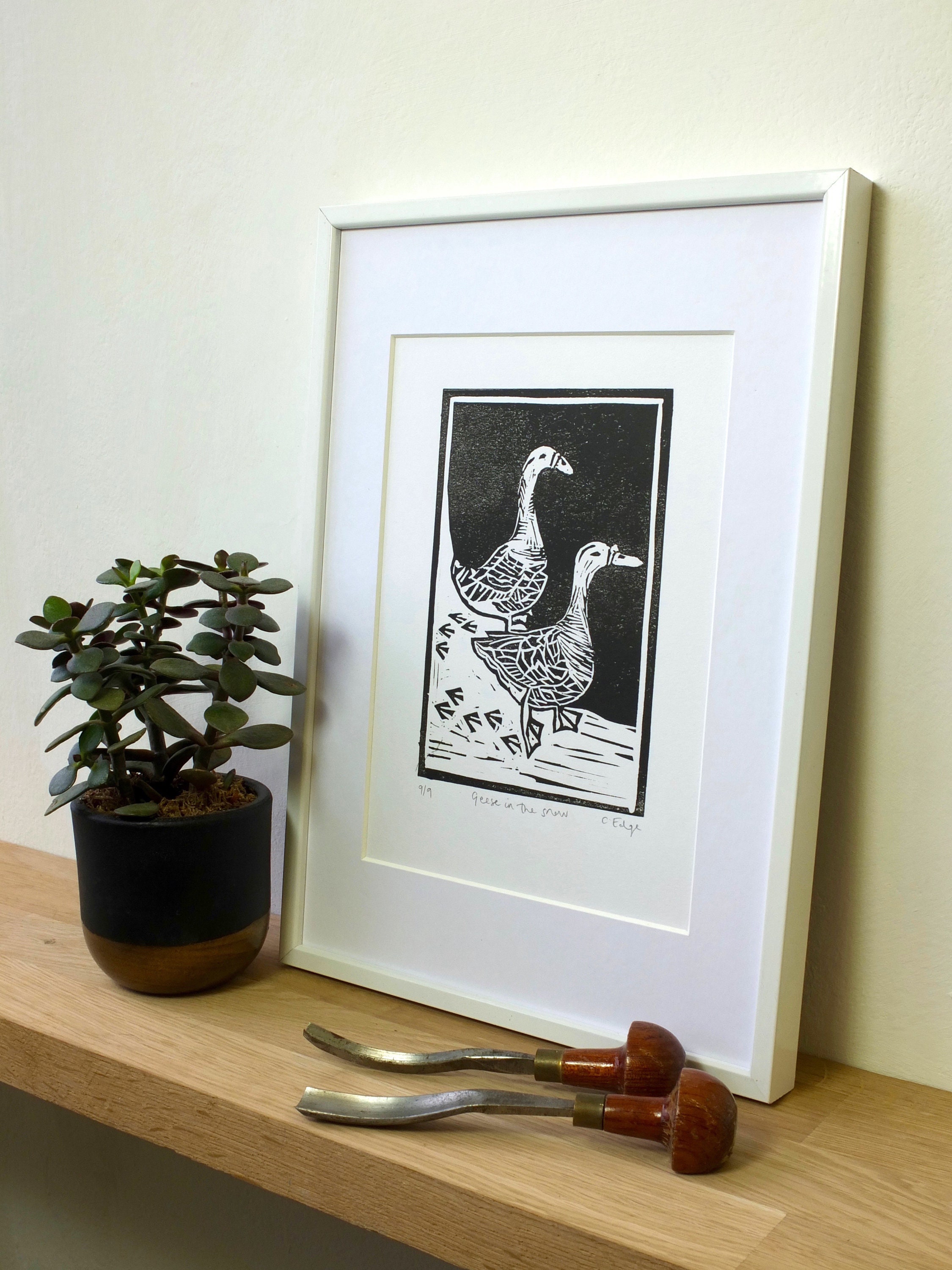 Two geese in the snow Bird Lino Cut Lino Print. Hand | Etsy