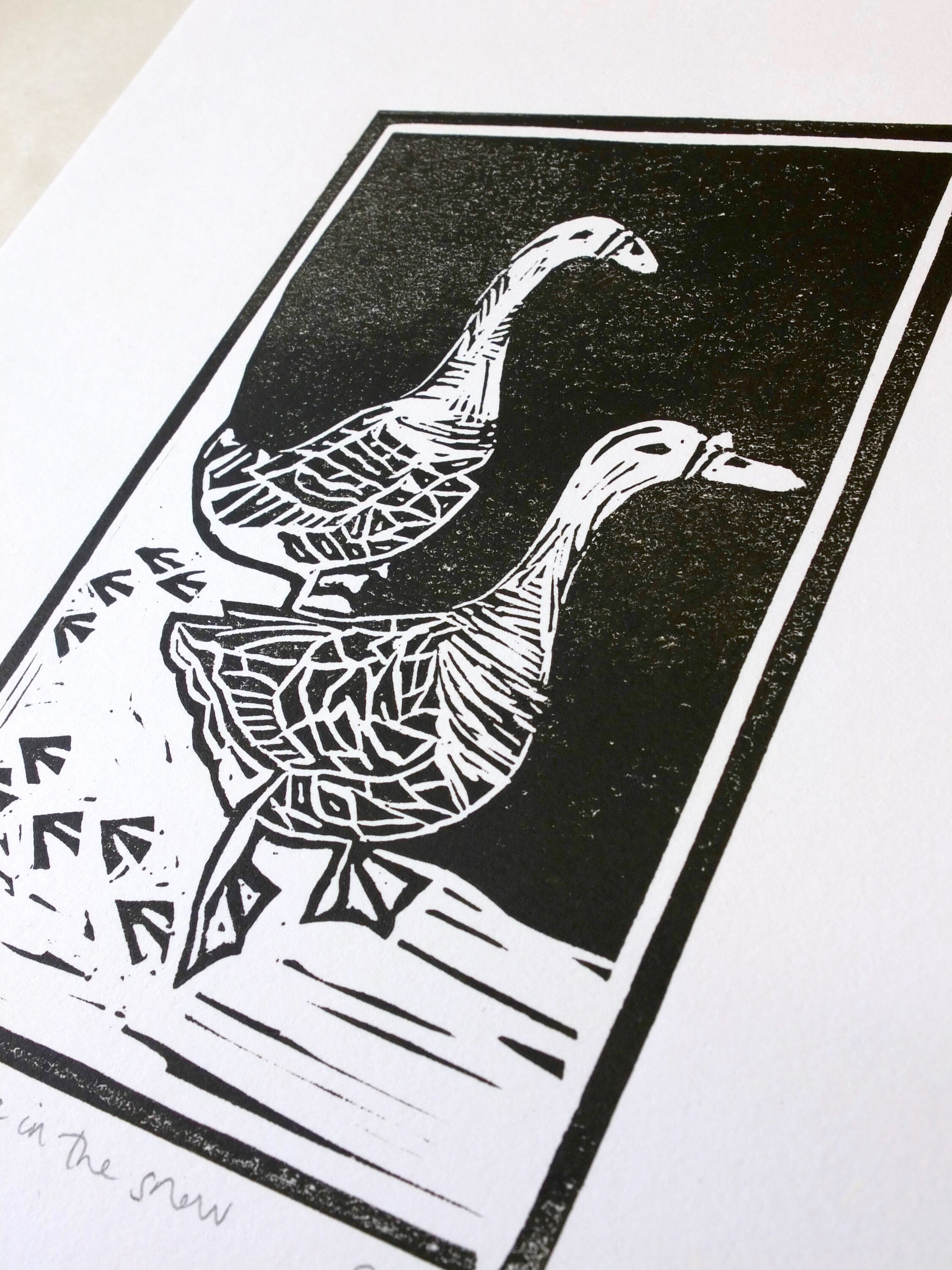 Two geese in the snow Bird Lino Cut Lino Print. Hand | Etsy