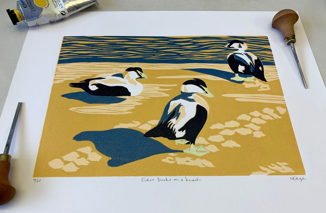 Eider Ducks on a Beach Bird Reduction Lino Print Lino Cut. | Etsy UK