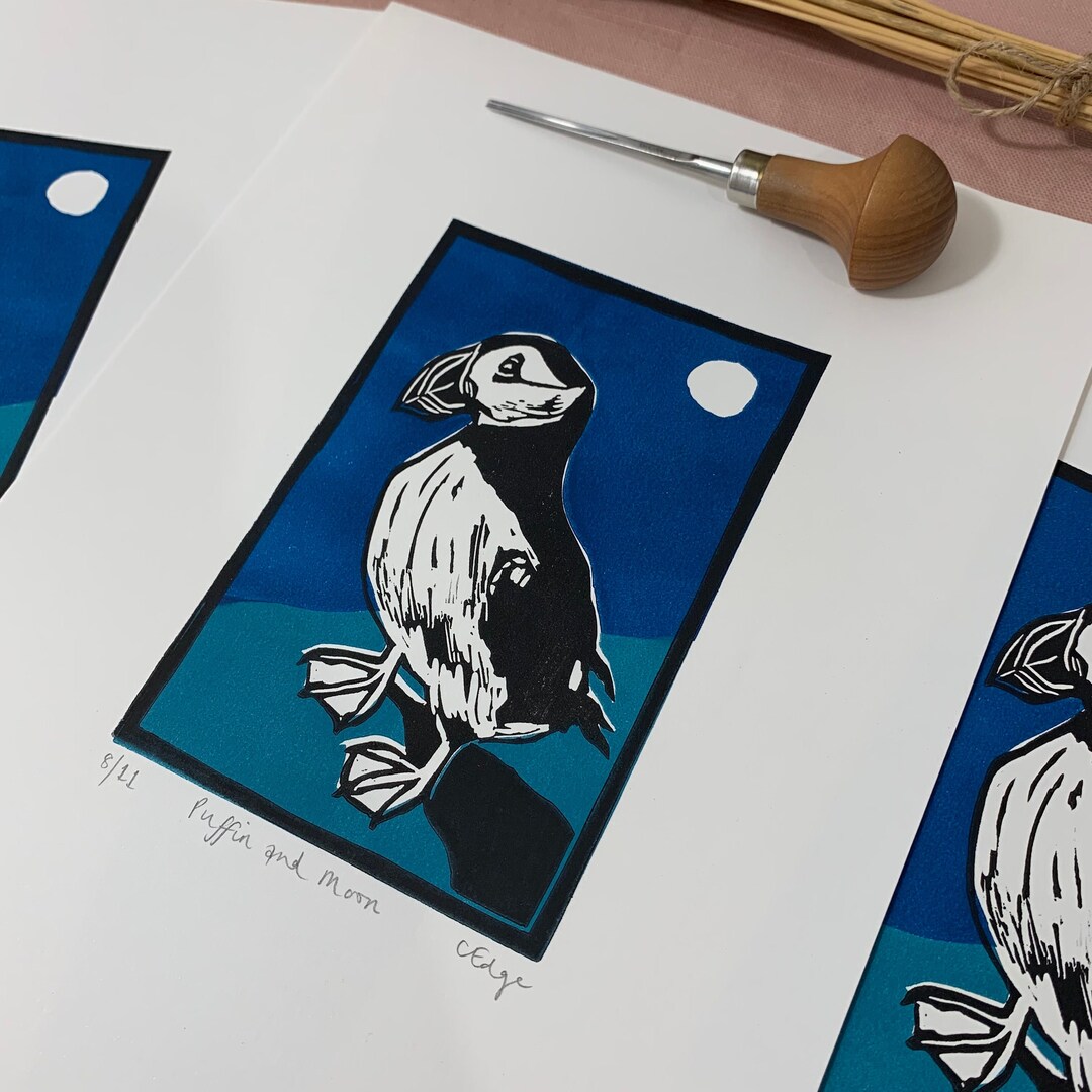 Puffin and Moon / Puffin Bird, Lino Print | Lino Cut. Hand Printed ...