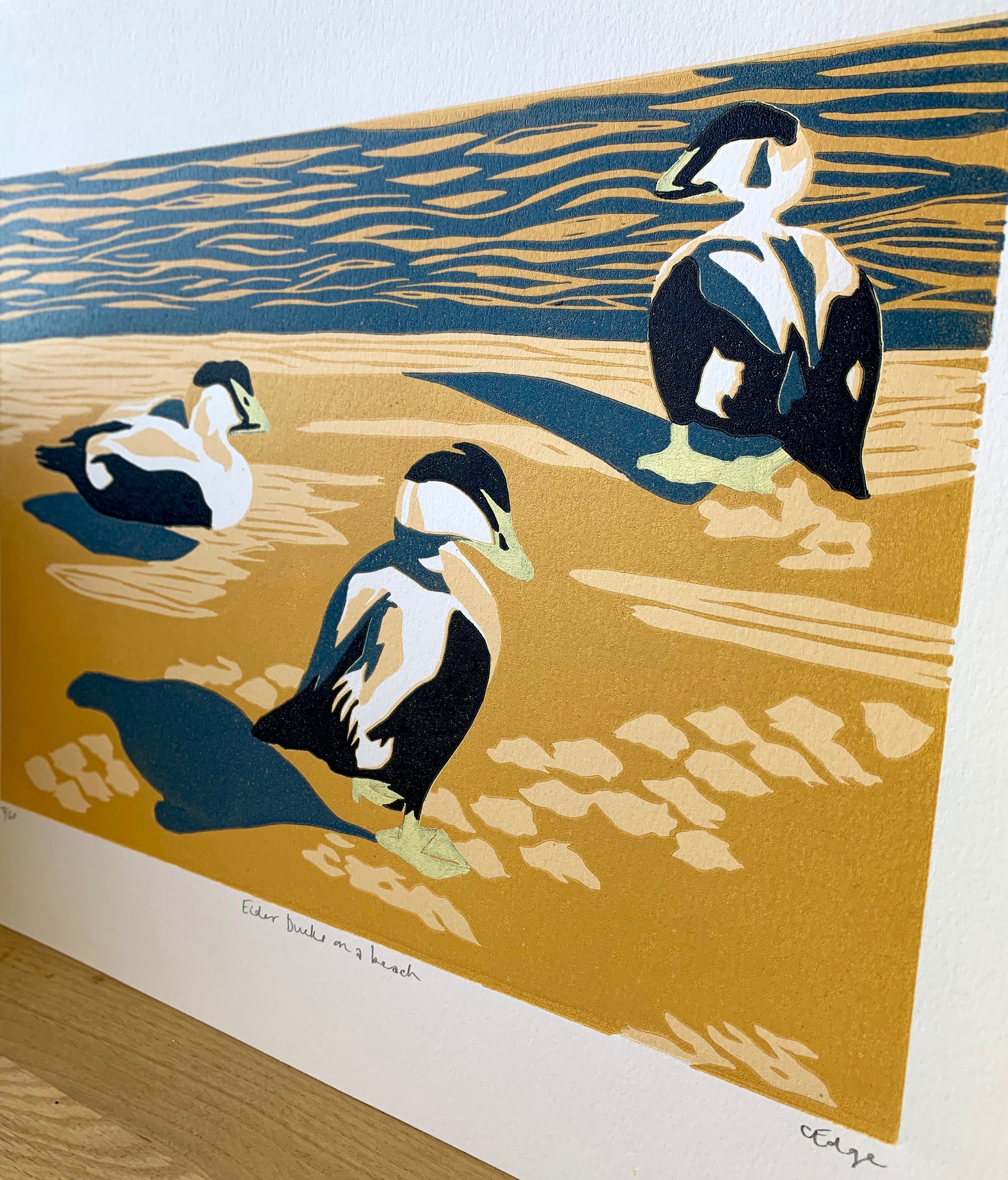 Eider Ducks on a Beach, Bird Reduction Lino Print | Lino Cut. Hand ...