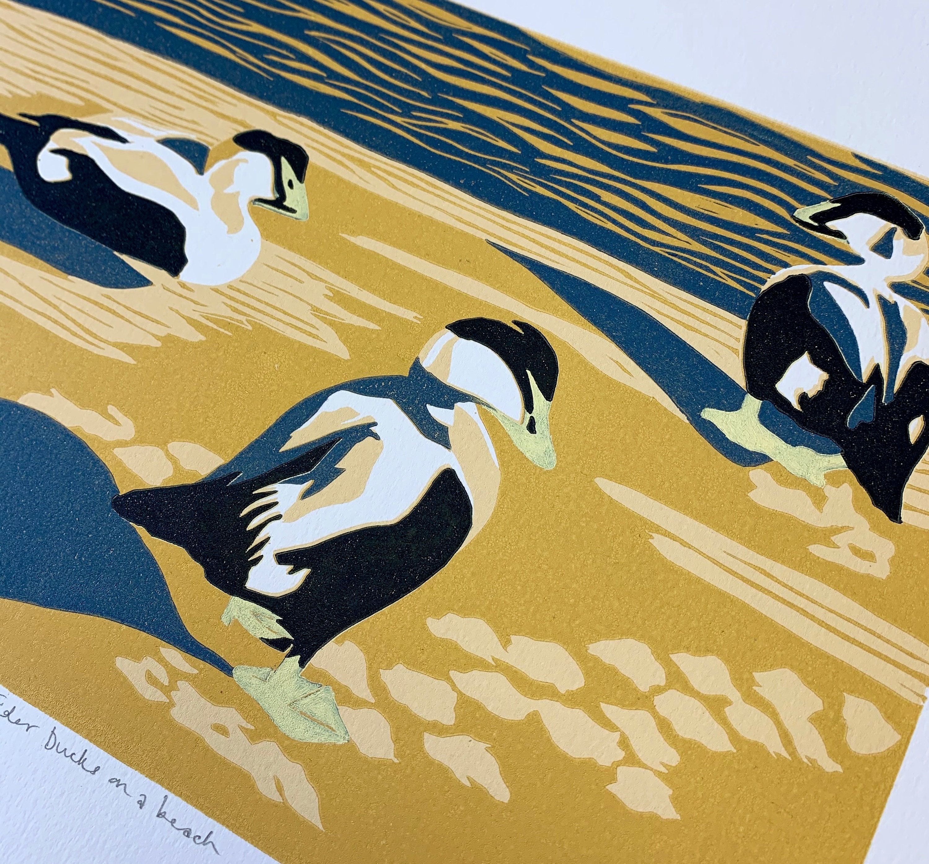 Eider Ducks on a Beach, Bird Reduction Lino Print | Lino Cut. Hand ...