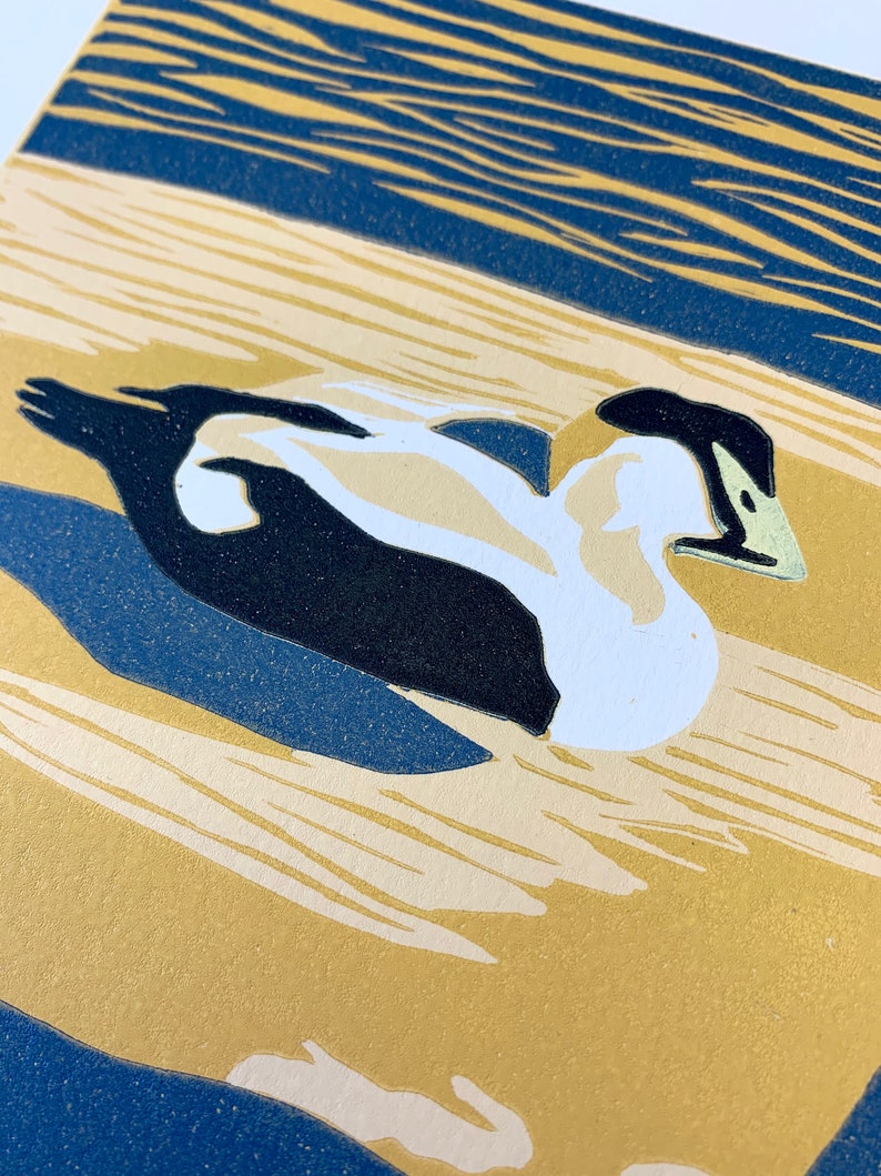 Eider Ducks on a Beach, Bird Reduction Lino Print | Lino Cut. Hand ...