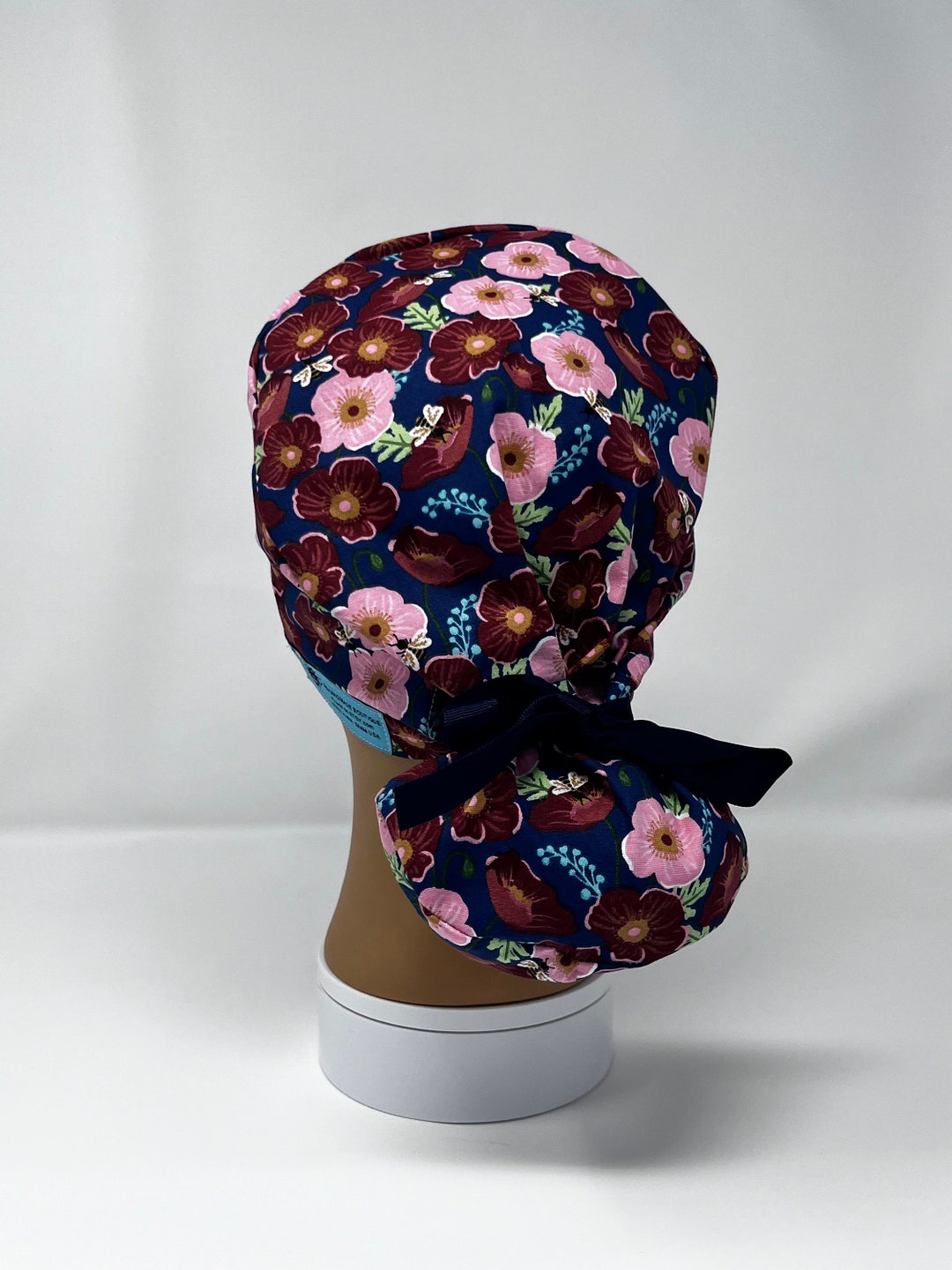 Cute Womens Ponytail Scrub Cap With Ribbon Ties Flowers and Bees on ...