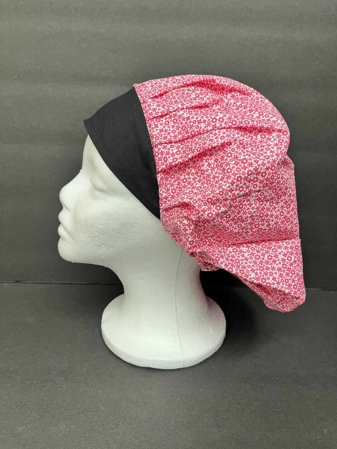 Cute Women's Scrub Cap Pink Flowers With Black Headband Bouffant ...