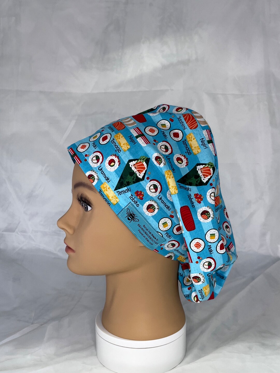 Cute Womens Scrub Hat Sushi Menu on Blue Pixie Surgical Scrub Hat ...